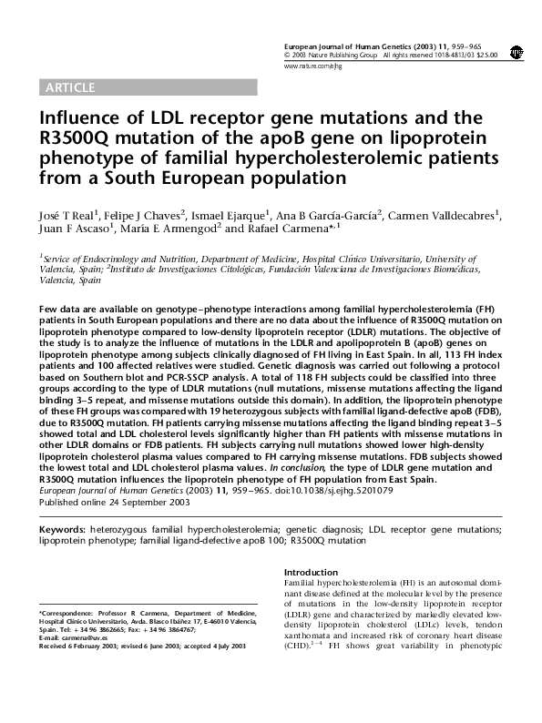 (PDF) Influence of LDL receptor gene mutations and the R3500Q mutation ...
