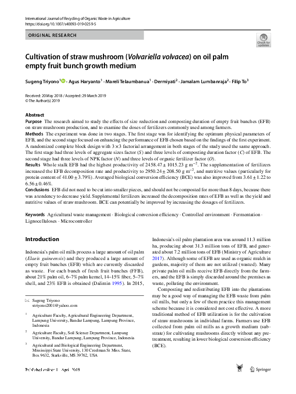 (PDF) Cultivation of straw mushroom (Volvariella volvacea) on oil palm ...