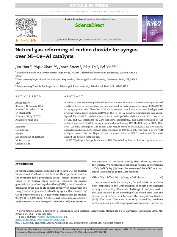(PDF) Natural gas reforming of carbon dioxide for syngas over Ni–Ce–Al ...