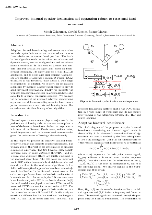 (PDF) Improved binaural speaker localization and separation robust to rotational head movement