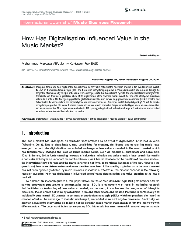 (PDF) How Has Digitalisation Influenced Value in the Music Market?