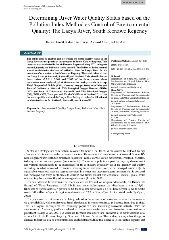 (PDF) Determining River Water Quality Status based on the Pollution ...