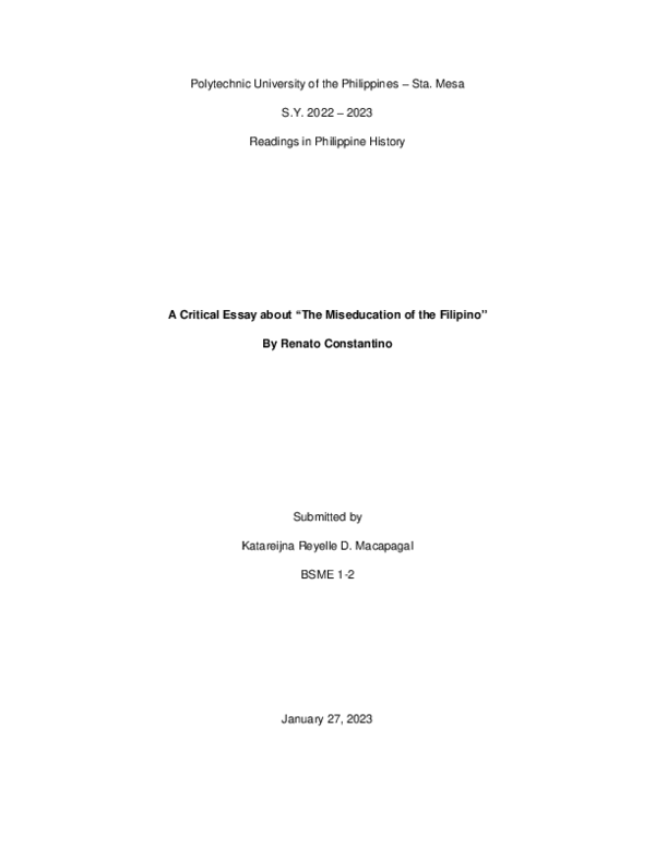 (PDF) A Critical Essay about “The Miseducation of the Filipino” by Renato Constantino
