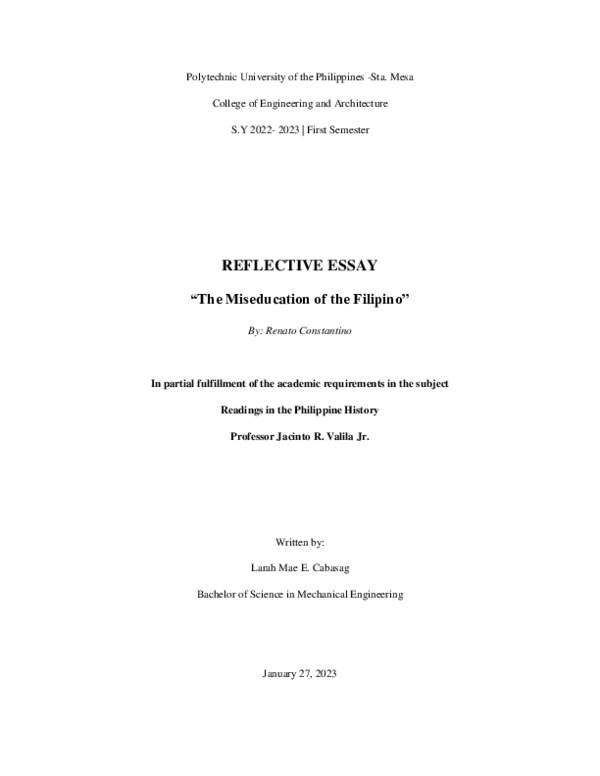 (PDF) Reflective Paper: The Miseducation of the Filipino by Renato ...