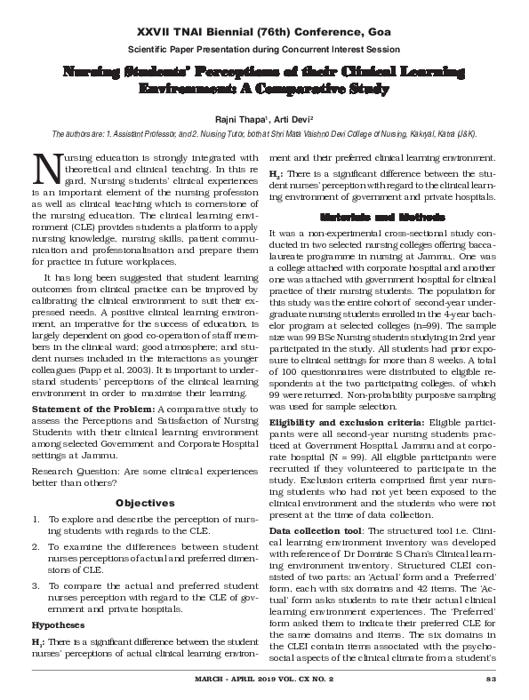 (PDF) Nursing Students' Perceptions of their Clinical Learning Environment: A Comparative Study