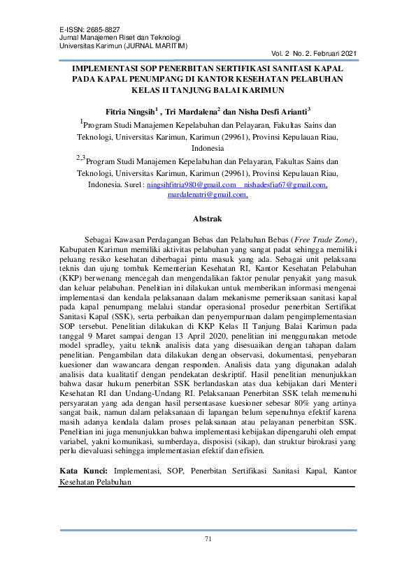 (PDF) Implementasi Sop Penerbitan Sertifikasi Sanitasi Kapal Pada Kapal Penumpang DI Kantor ...