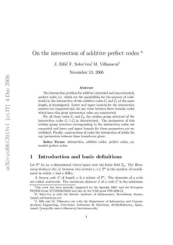 (PDF) On the Intersection of $ {\BBZ }_{2} {\BBZ }_{4}$-Additive Perfect Codes