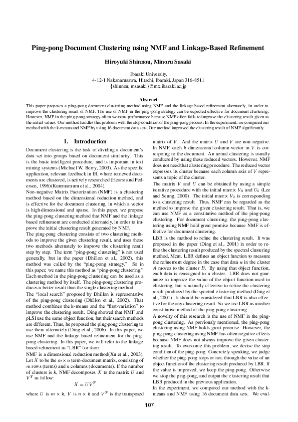 Pdf Ping Pong Document Clustering Using Nmf And Linkage Based Refinement