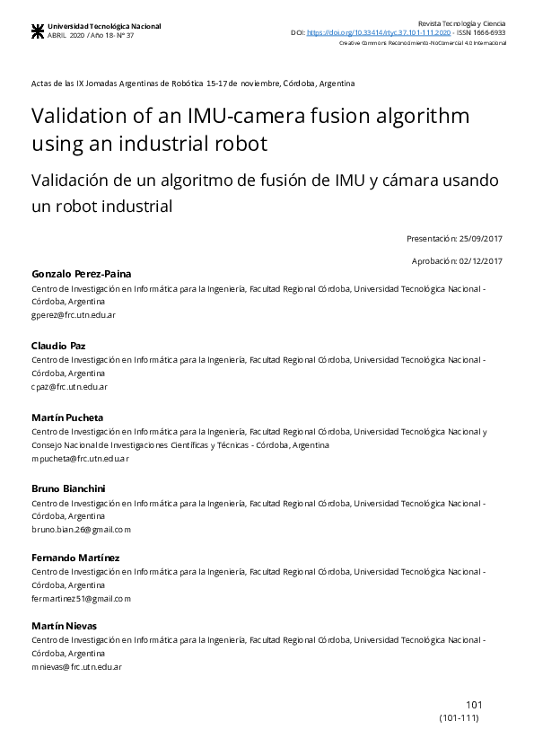 Pdf Validation Of An Imu Camera Fusion Algorithm Using An Industrial