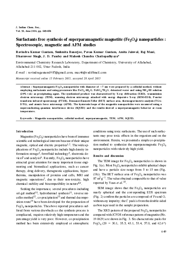 (PDF) Surfactants free synthesis of superparamagnetic magnetite (Fe3O4) nanoparticles ...
