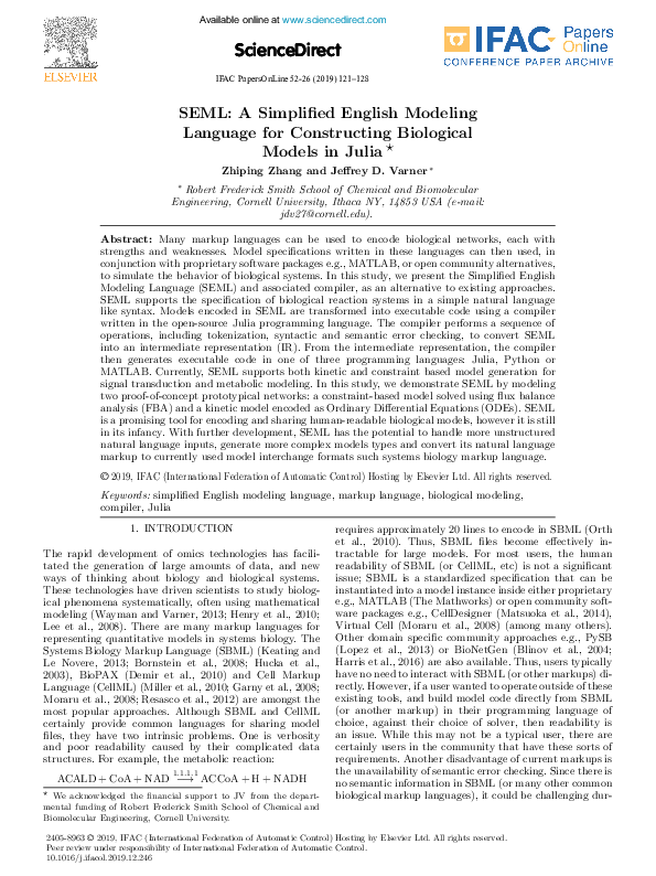 (PDF) SEML: A Simplified English Modeling Language for Constructing Biological Models in Julia