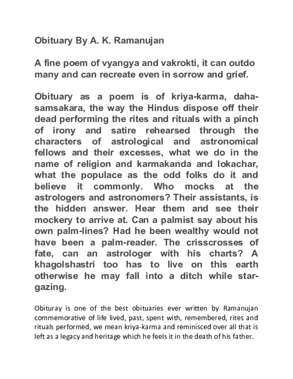 (DOC) Obituary By A. K. Ramanujan A fine poem of vyangya and vakrokti ...