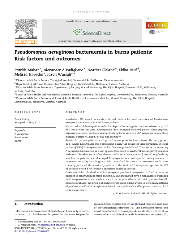 (PDF) Pseudomonas aeruginosa bacteraemia in burns patients: Risk factors and outcomes