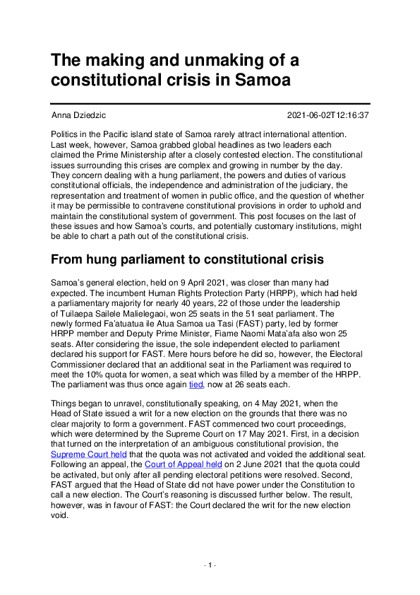 (PDF) The making and unmaking of a constitutional crisis in Samoa