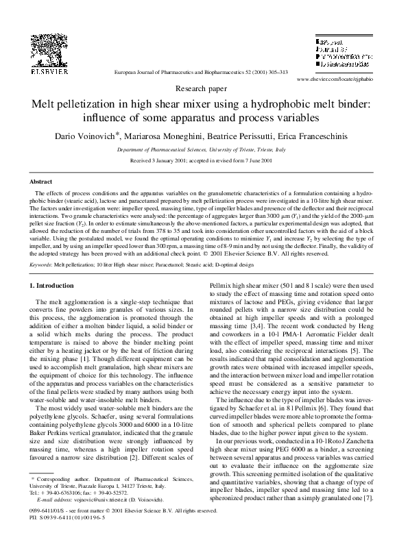 (PDF) Melt pelletization in high shear mixer using a hydrophobic melt ...