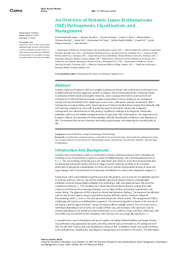 (PDF) An Overview of Systemic Lupus Erythematosus (SLE) Pathogenesis, Classification, and Management