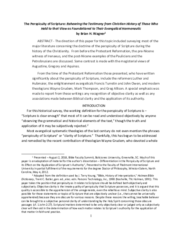 (PDF) The Perspicuity of Scripture: Rehearsing the Testimony from ...