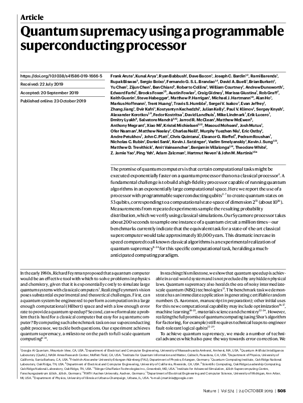 (PDF) Quantum supremacy using a programmable superconducting processor