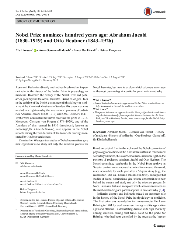 (PDF) Nobel Prize nominees hundred years ago: Abraham Jacobi (1830–1919 ...