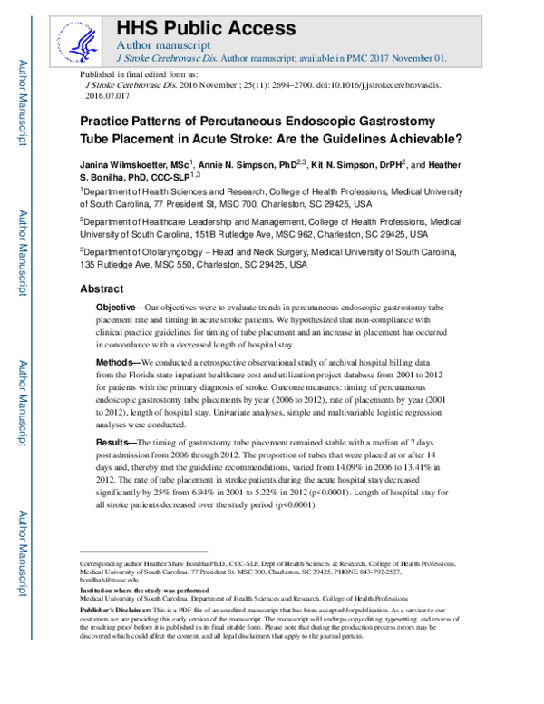 (PDF) Practice Patterns of Percutaneous Endoscopic Gastrostomy Tube ...