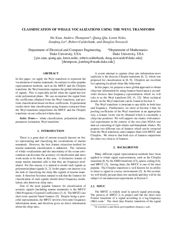 (PDF) Classification of whale vocalizations using the Weyl transform