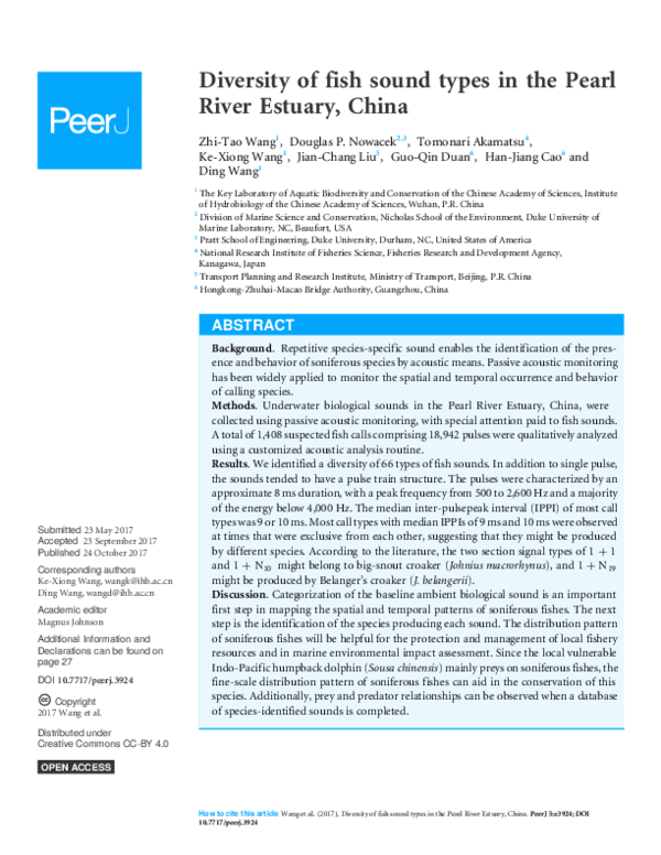 (PDF) Diversity of fish sound types in the Pearl River Estuary, China
