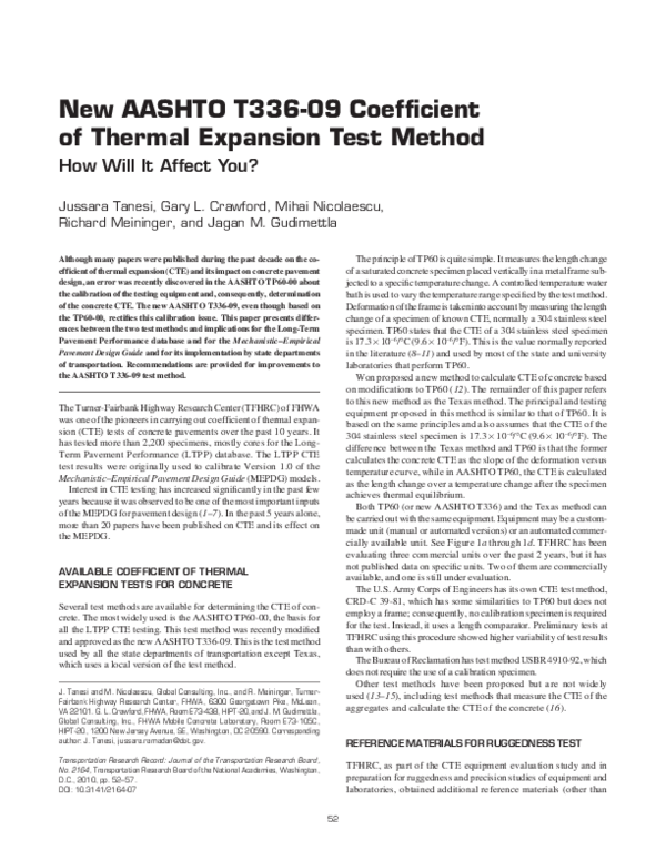 (PDF) New AASHTO T336-09 Coefficient of Thermal Expansion Test Method