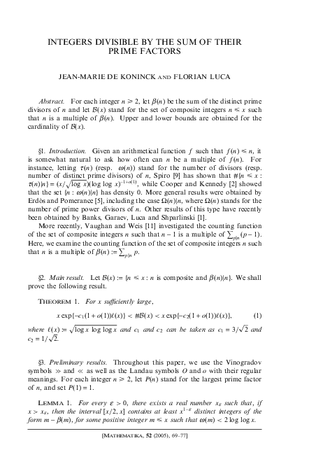 (PDF) Composite Integers Divisible by their Prime Sums