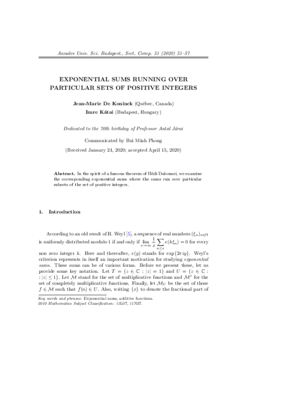 (PDF) Exponential Sums Running Over Particular Sets of Positive ...