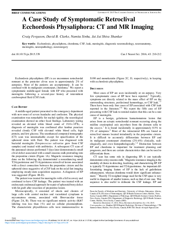 (PDF) A Case Study of Symptomatic Retroclival Ecchordosis Physaliphora ...