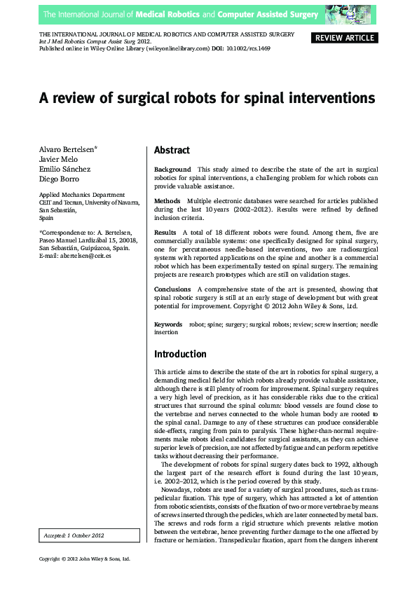 (PDF) A review of surgical robots for spinal interventions