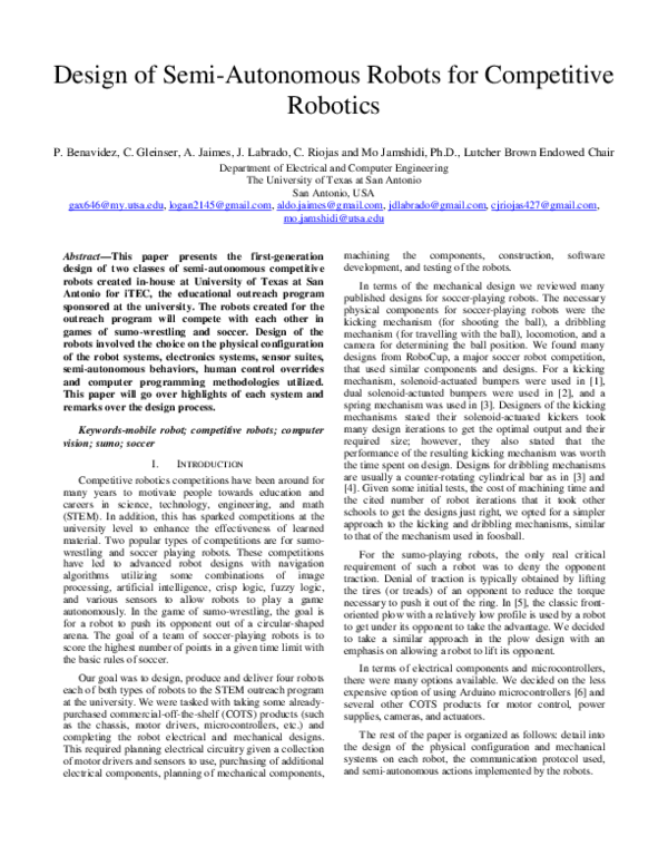 (PDF) Design of Semi-Autonomous Robots for Competitive Robotics