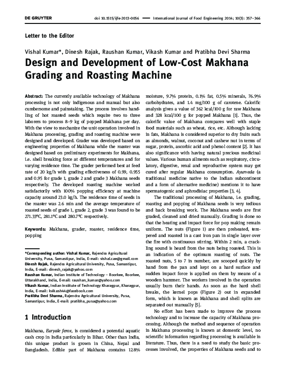 (PDF) Design and Development of Low-Cost Makhana Grading and Roasting Machine