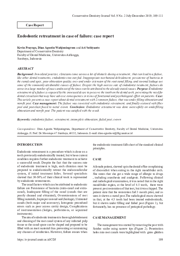 (PDF) Endodontic Retreatment In Case Of Failure: Case Report