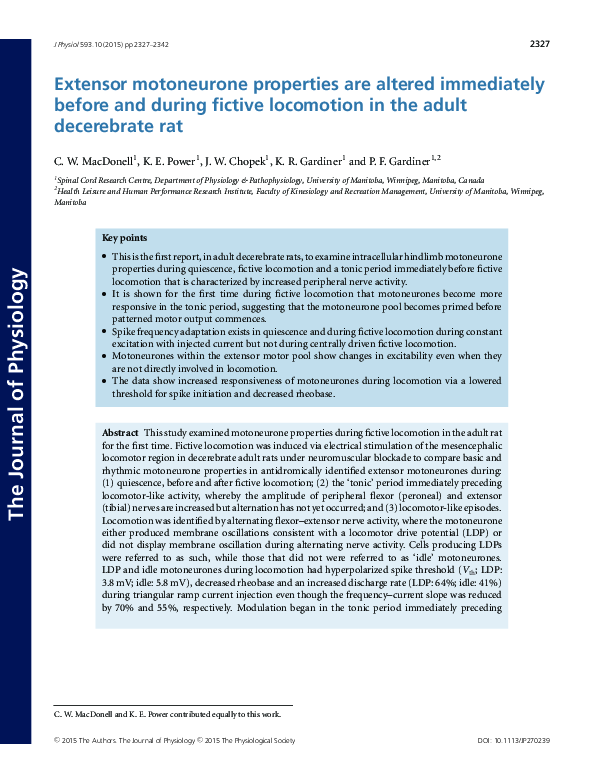 (PDF) Altered Properties of Extensor Motoneurones During Fictive Locomotion