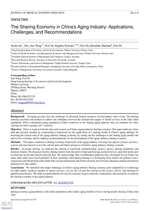 (PDF) The Sharing Economy in China's Aging Industry: Applications ...