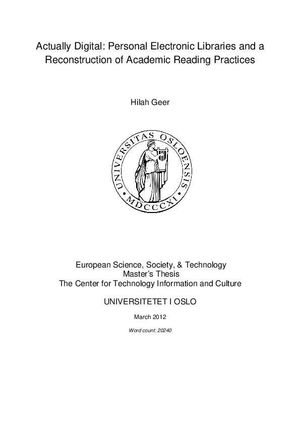 (PDF) Actually Digital : personal Electronic Libraries and a Reconstruction of Academic Reading ...