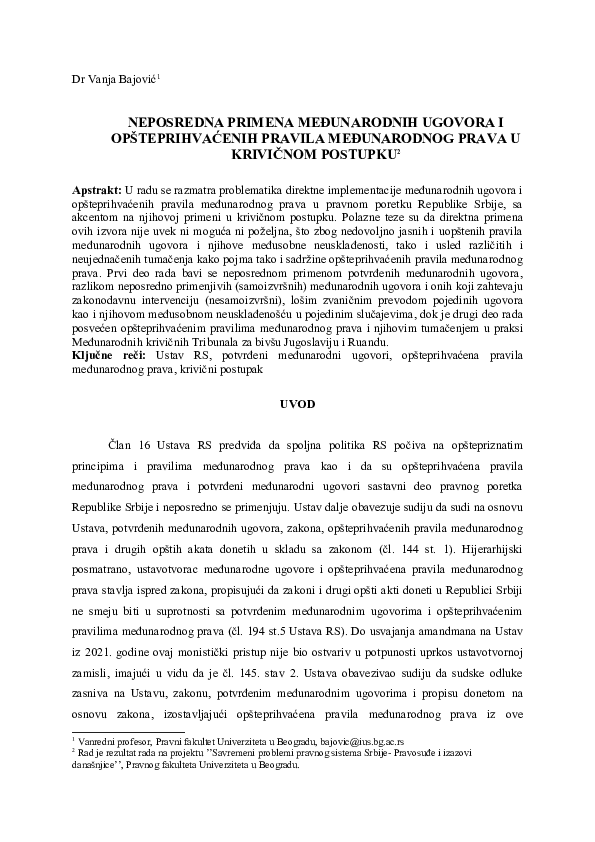 (DOC) -Neposredna primena međ konvencija i opštepriznatih pravila ...
