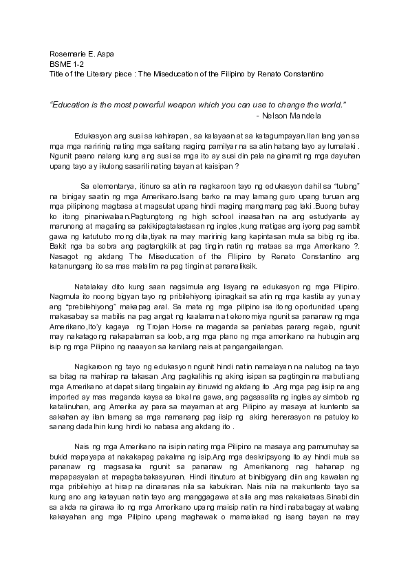 (PDF) Reaction paper of Renato Constantino's Miseducation of the ...