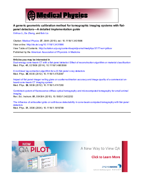 Pdf A Generic Geometric Calibration Method For Tomographic Imaging Systems With Flat Panel
