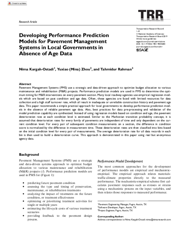 Pdf Developing Performance Prediction Models For Pavement Management Systems In Local