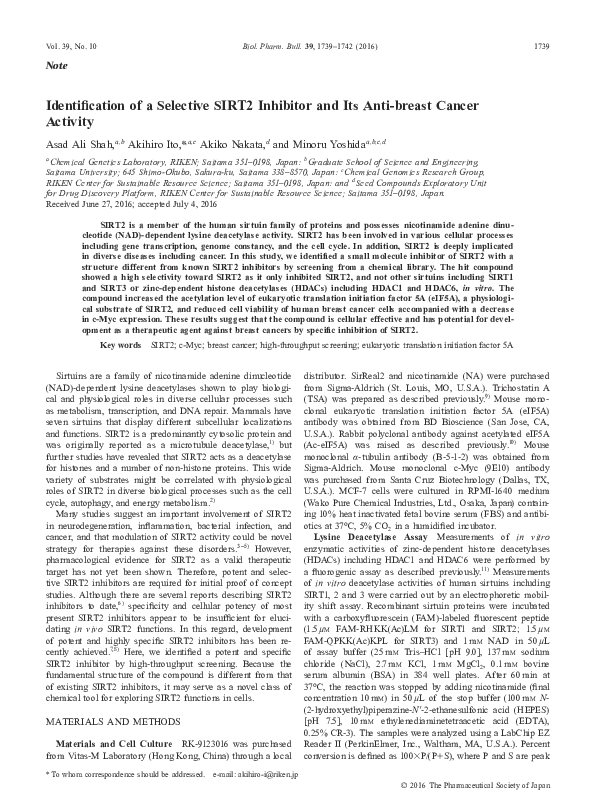 (PDF) Identification of a Selective SIRT2 Inhibitor and Its Anti-breast ...