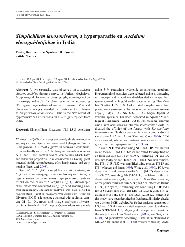 (PDF) Simplicillium lanosoniveum, a hyperparasite on Aecidium elaeagni-latifoliae in India | H ...