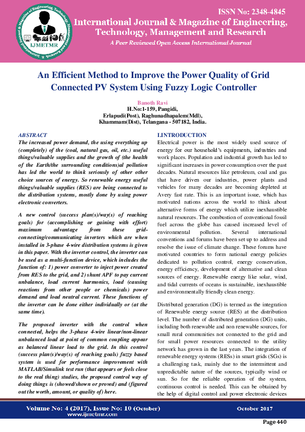 Pdf An Efficient Method To Improve The Power Quality Of Grid Connected Pv System Using Fuzzy