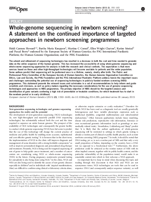 (PDF) Whole-genome sequencing in newborn screening? A statement on the ...