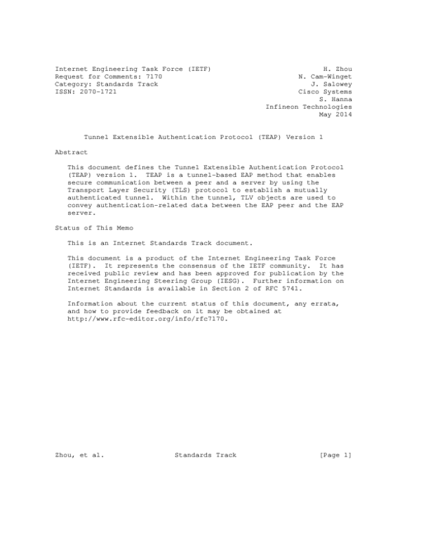 Pdf Tunnel Extensible Authentication Protocol Teap Version 1 