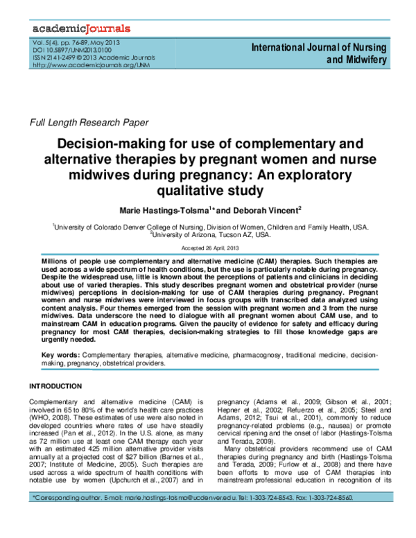 (PDF) Decision-making for use of complementary and alternative therapies by pregnant women and ...