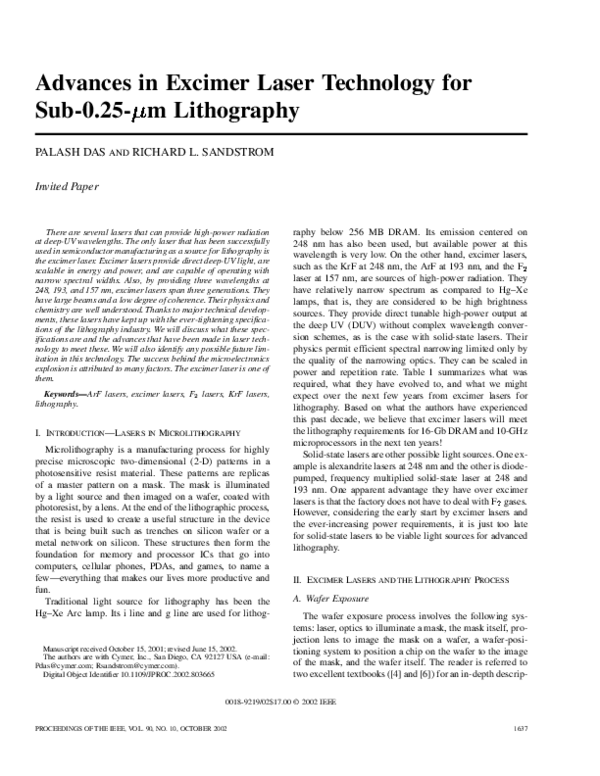 (PDF) Advances in excimer laser technology for sub-0.25-μm lithography