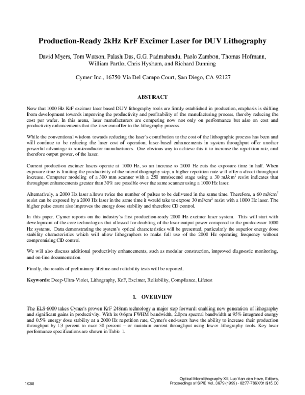 (PDF) Production-ready 2-kHz KrF excimer laser for DUV lithography
