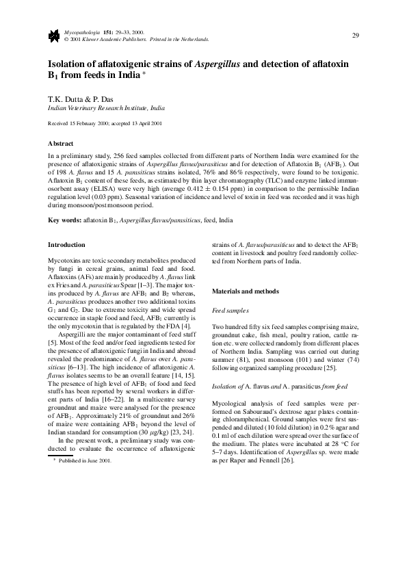 (PDF) Isolation of aflatoxigenic strains of Aspergillus and detection of aflatoxin B 1 from ...